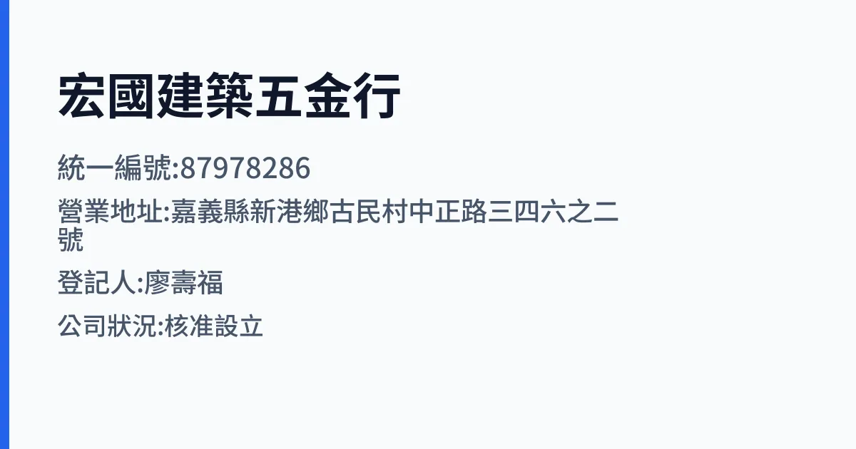 宏國建築五金行 - 統編 87978286(嘉義縣) 公司登記資料與營業項目詳細圖表