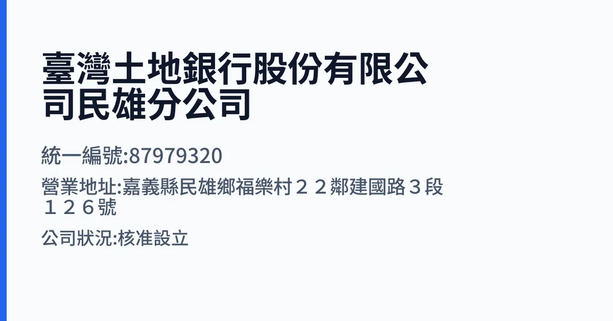 臺灣土地銀行股份有限公司民雄分公司 - 統編 87979320(嘉義縣) 公司登記資料與營業項目詳細圖表