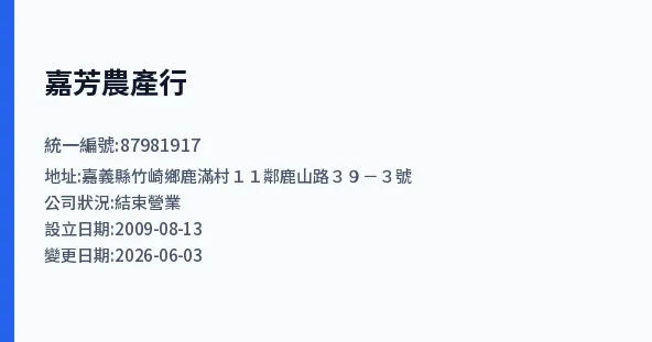 嘉芳農產行的照片-統編 87981917(嘉義縣) 公司登記資料與營業項目詳細圖表