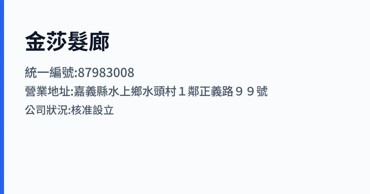 金莎髮廊 - 統編 87983008(嘉義縣) 公司登記資料與營業項目詳細圖表