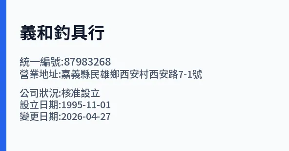 義和釣具行的照片-統編 87983268(嘉義縣) 公司登記資料與營業項目詳細圖表