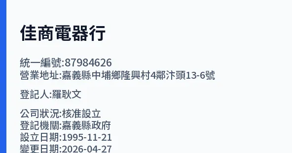 佳商電器行的照片-統編 87984626(嘉義縣) 公司登記資料與營業項目詳細圖表