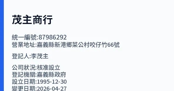 茂主商行的照片-統編 87986292(嘉義縣) 公司登記資料與營業項目詳細圖表