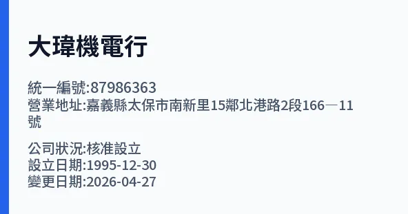 大瑋機電行的照片-統編 87986363(嘉義縣) 公司登記資料與營業項目詳細圖表