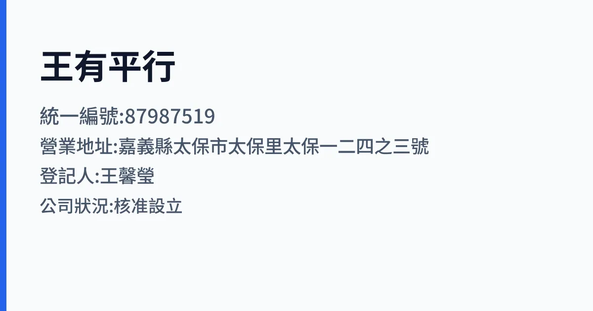 王有平行 - 統編 87987519(嘉義縣) 公司登記資料與營業項目詳細圖表