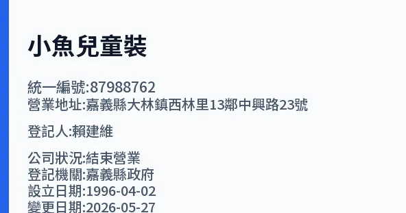 小魚兒童裝的照片-統編 87988762(嘉義縣) 公司登記資料與營業項目詳細圖表