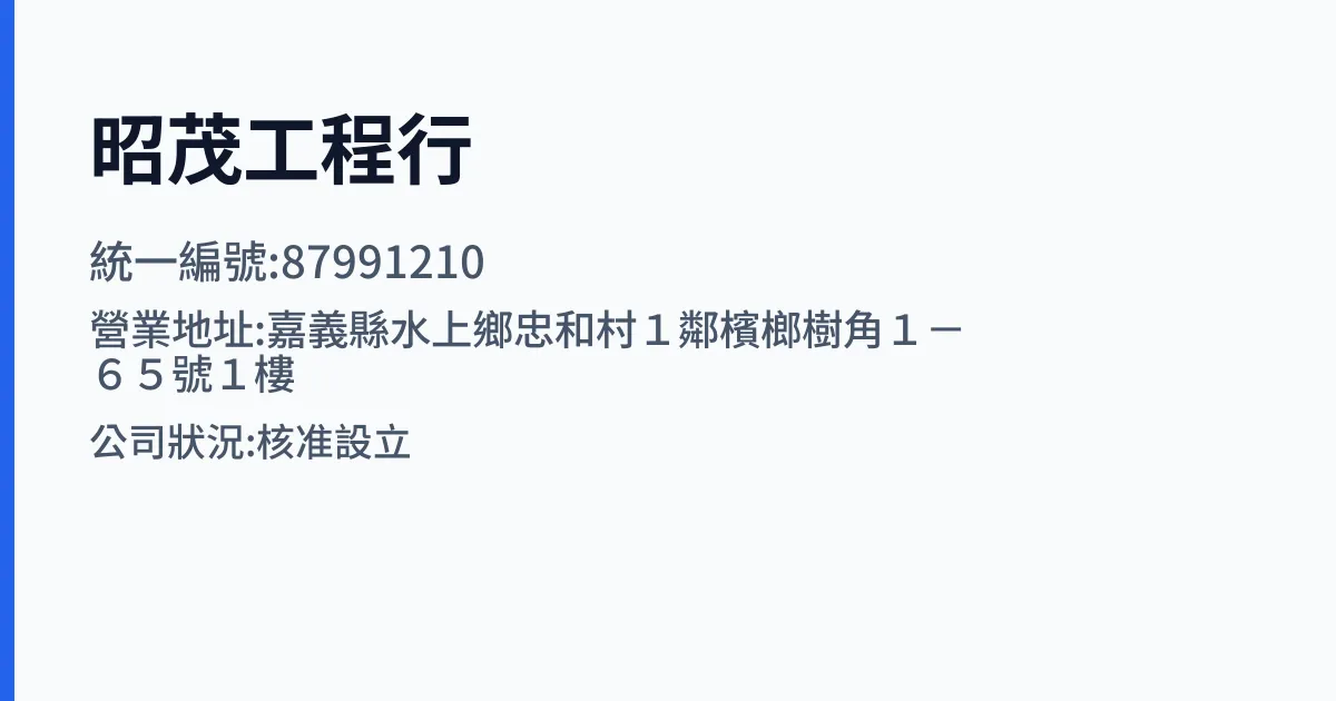昭茂工程行 - 統編 87991210(嘉義縣) 公司登記資料與營業項目詳細圖表