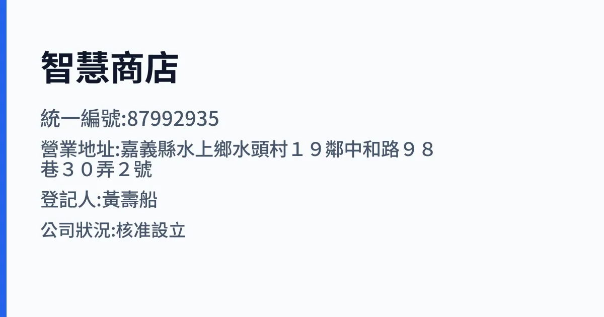 智慧商店 - 統編 87992935(嘉義縣) 公司登記資料與營業項目詳細圖表