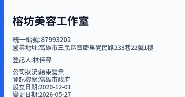 榕坊美容工作室的照片-統編 87993202(高雄市) 公司登記資料與營業項目詳細圖表