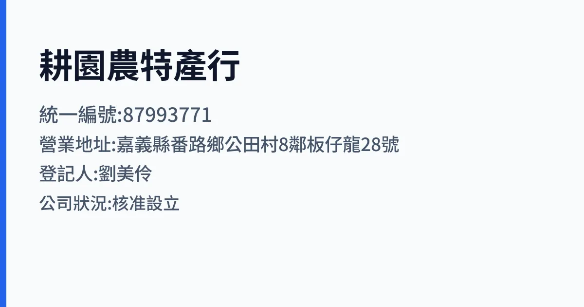 耕園農特產行 - 統編 87993771(嘉義縣) 公司登記資料與營業項目詳細圖表
