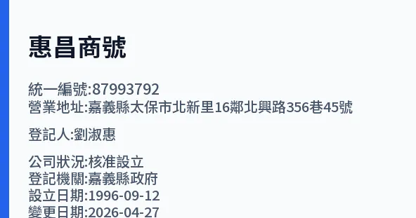 惠昌商號的照片-統編 87993792(嘉義縣) 公司登記資料與營業項目詳細圖表