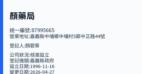 顏藥局的照片-統編 87995665(嘉義縣) 公司登記資料與營業項目詳細圖表
