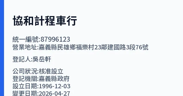 協和計程車行的照片-統編 87996123(嘉義縣) 公司登記資料與營業項目詳細圖表
