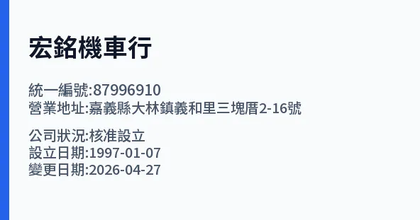 宏銘機車行的照片-統編 87996910(嘉義縣) 公司登記資料與營業項目詳細圖表