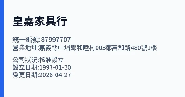 皇嘉家具行的照片-統編 87997707(嘉義縣) 公司登記資料與營業項目詳細圖表