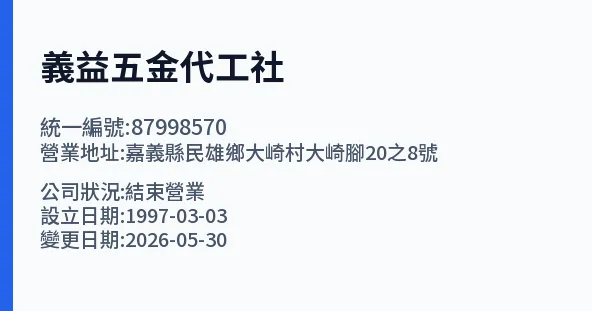 義益五金代工社的照片-統編 87998570(嘉義縣) 公司登記資料與營業項目詳細圖表