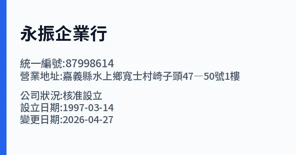 永振企業行的照片-統編 87998614(嘉義縣) 公司登記資料與營業項目詳細圖表
