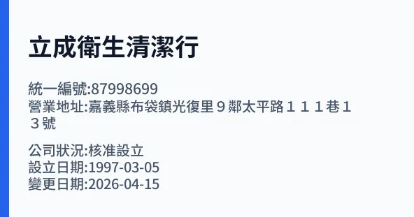 立成衛生清潔行的照片-統編 87998699(嘉義縣) 公司登記資料與營業項目詳細圖表