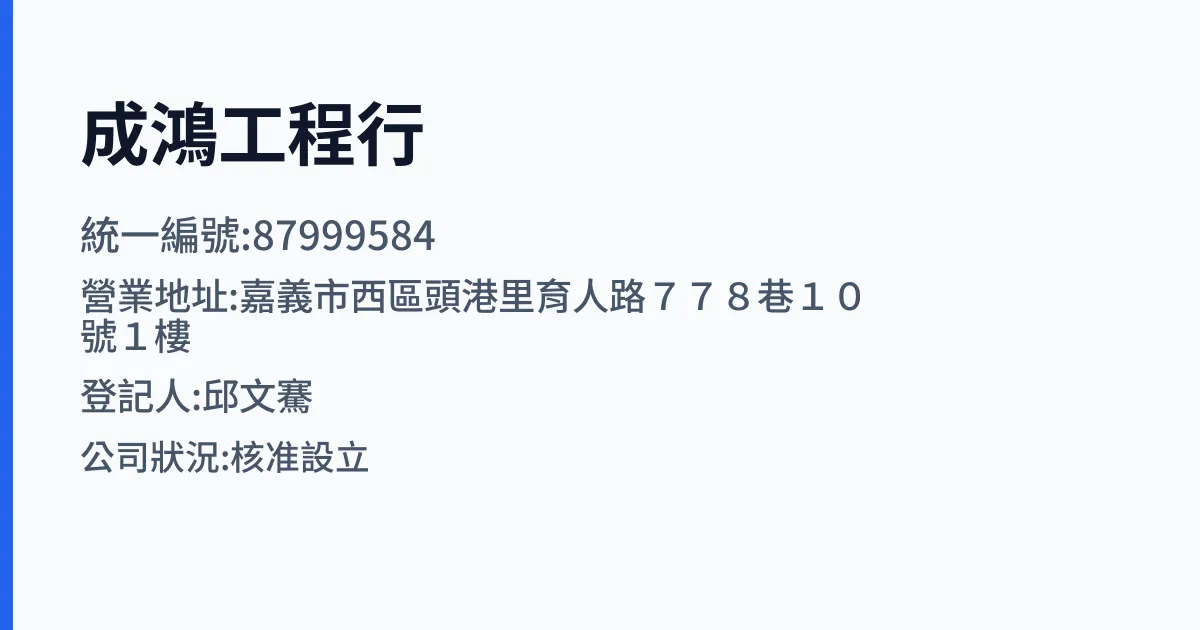 成鴻工程行 - 統編 87999584(嘉義市) 公司登記資料與營業項目詳細圖表