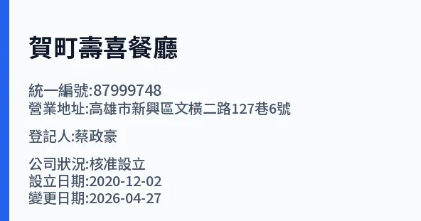 賀町壽喜餐廳的照片-統編 87999748(高雄市) 公司登記資料與營業項目詳細圖表