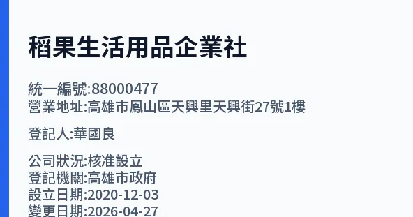 稻果生活用品企業社的照片-統編 88000477(高雄市) 公司登記資料與營業項目詳細圖表