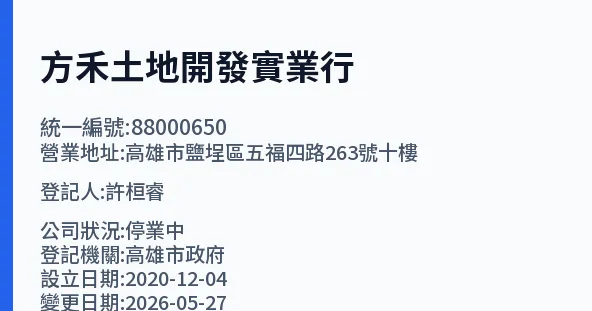 方禾土地開發實業行的照片-統編 88000650(高雄市) 公司登記資料與營業項目詳細圖表