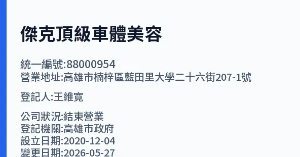 傑克頂級車體美容的照片-統編 88000954(高雄市) 公司登記資料與營業項目詳細圖表