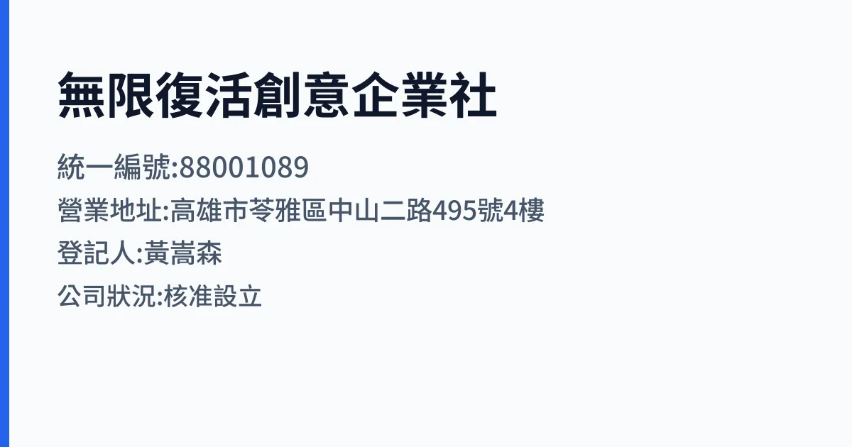 無限復活創意企業社 - 統編 88001089(高雄市) 公司登記資料與營業項目詳細圖表