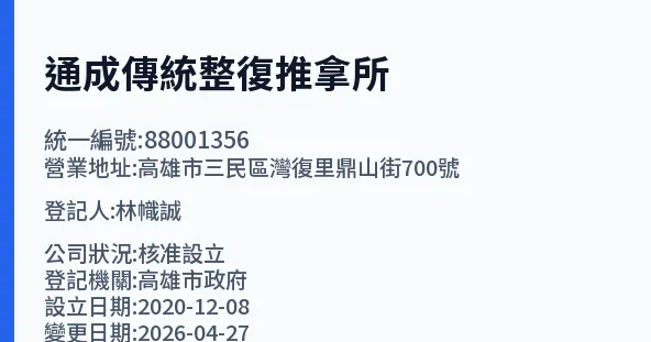 通成傳統整復推拿所的照片-統編 88001356(高雄市) 公司登記資料與營業項目詳細圖表