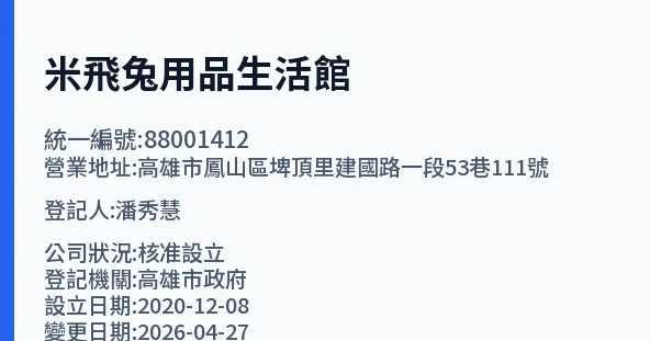 米飛兔用品生活館的照片-統編 88001412(高雄市) 公司登記資料與營業項目詳細圖表