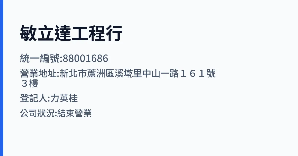 敏立達工程行 - 統編 88001686(新北市) 公司登記資料與營業項目詳細圖表