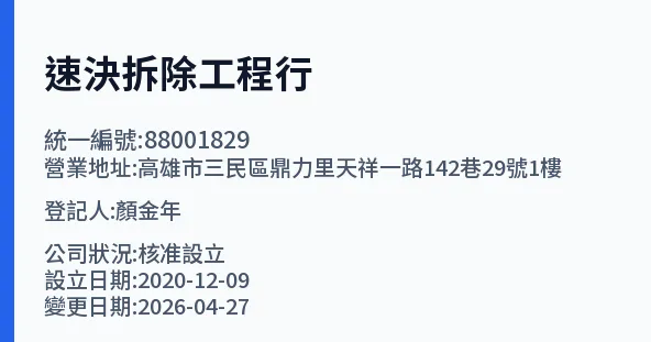 速決拆除工程行的照片-統編 88001829(高雄市) 公司登記資料與營業項目詳細圖表