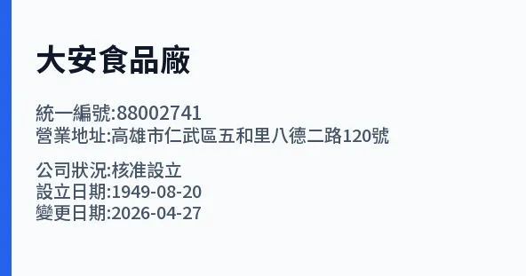 大安食品廠的照片-統編 88002741(高雄市) 公司登記資料與營業項目詳細圖表