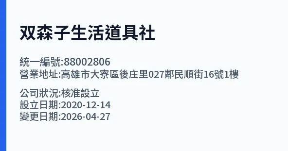双森子生活道具社的照片-統編 88002806(高雄市) 公司登記資料與營業項目詳細圖表