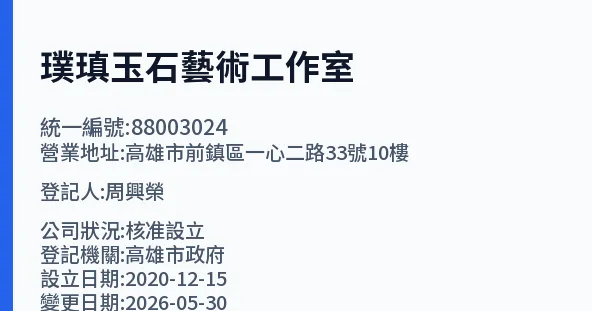 璞瑱玉石藝術工作室的照片-統編 88003024(高雄市) 公司登記資料與營業項目詳細圖表