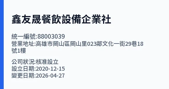 鑫友晟餐飲設備企業社的照片-統編 88003039(高雄市) 公司登記資料與營業項目詳細圖表