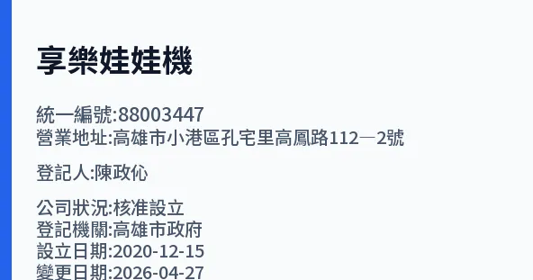 享樂娃娃機的照片-統編 88003447(高雄市) 公司登記資料與營業項目詳細圖表