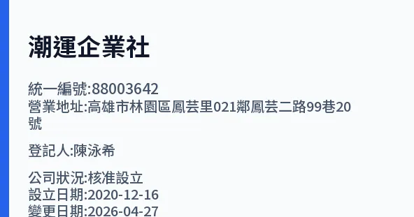 潮運企業社的照片-統編 88003642(高雄市) 公司登記資料與營業項目詳細圖表
