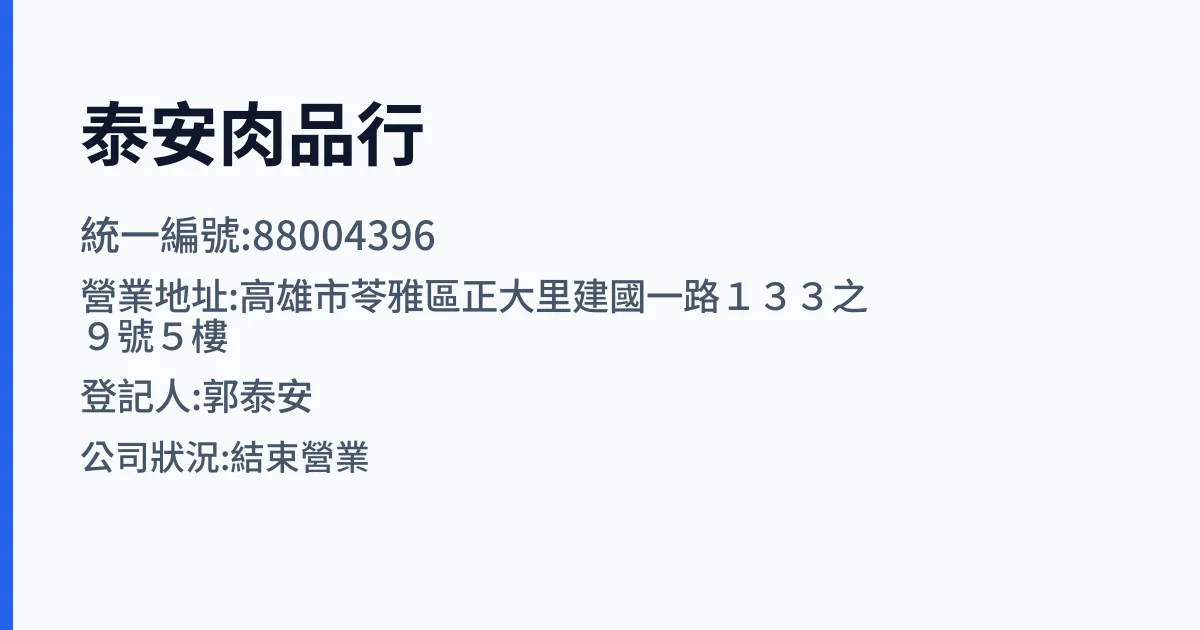 泰安肉品行 - 統編 88004396(高雄市) 公司登記資料與營業項目詳細圖表