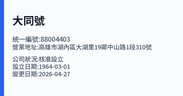 大同號的照片-統編 88004403(高雄市) 公司登記資料與營業項目詳細圖表