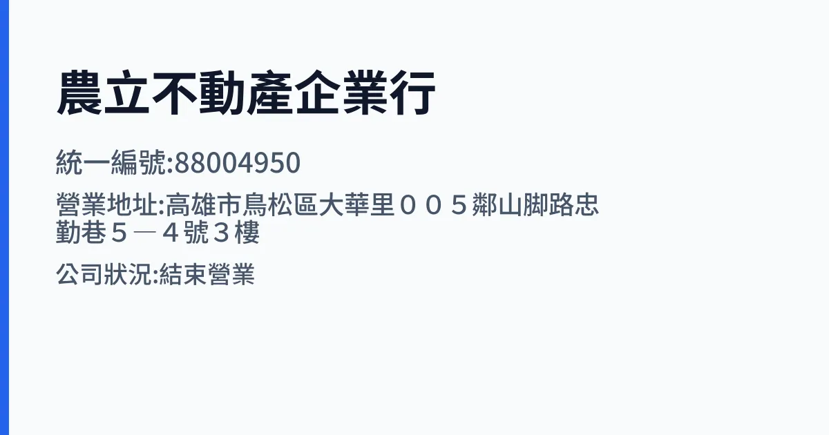 農立不動產企業行 - 統編 88004950(高雄市) 公司登記資料與營業項目詳細圖表