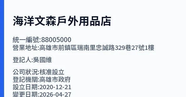 海洋文森戶外用品店的照片-統編 88005000(高雄市) 公司登記資料與營業項目詳細圖表