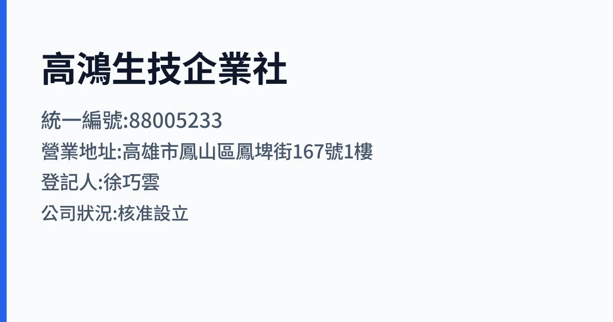 高鴻生技企業社 - 統編 88005233(高雄市) 公司登記資料與營業項目詳細圖表