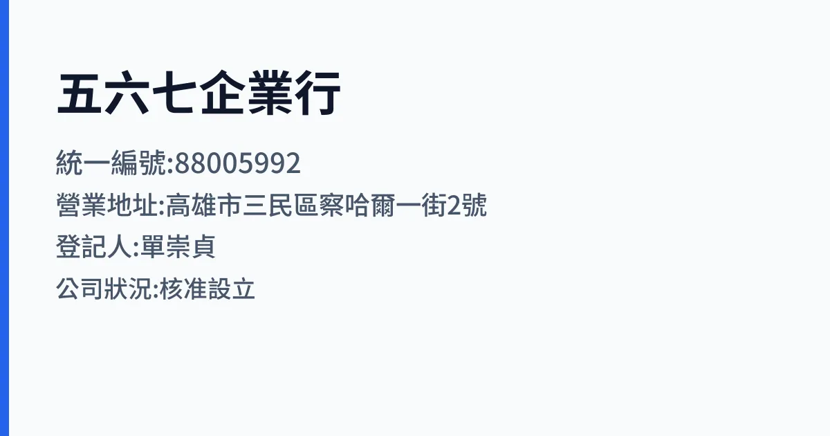 五六七企業行 - 統編 88005992(高雄市) 公司登記資料與營業項目詳細圖表