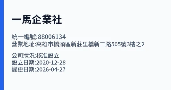 一馬企業社的照片-統編 88006134(高雄市) 公司登記資料與營業項目詳細圖表