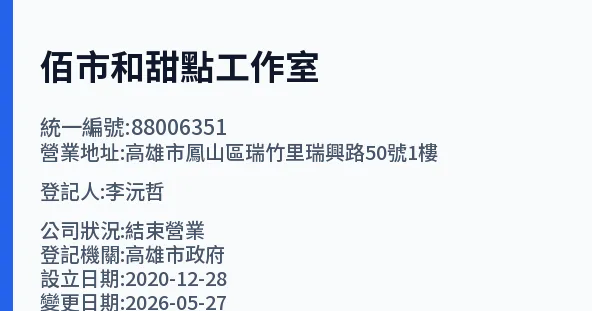 佰市和甜點工作室的照片-統編 88006351(高雄市) 公司登記資料與營業項目詳細圖表
