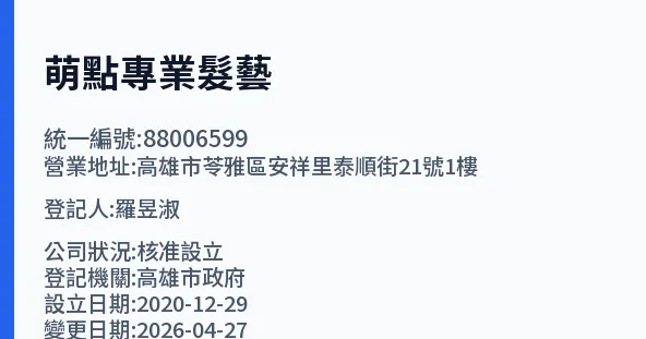 萌點專業髮藝的照片-統編 88006599(高雄市) 公司登記資料與營業項目詳細圖表