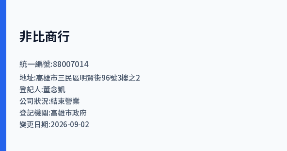 非比商行的照片-統編 88007014(高雄市) 公司登記資料與營業項目詳細圖表