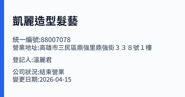 凱麗造型髮藝的照片-統編 88007078(高雄市) 公司登記資料與營業項目詳細圖表