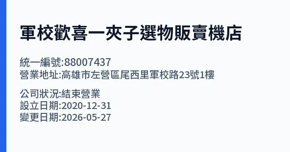 軍校歡喜一夾子選物販賣機店的照片-統編 88007437(高雄市) 公司登記資料與營業項目詳細圖表
